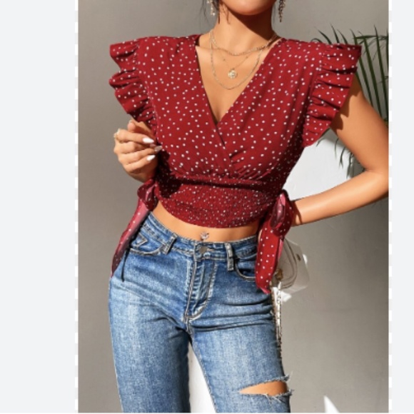 SHEIN | Tops | 3for25 Shein Xl Red Polka Dot Crop Ruffle Sleeve Vneck ...
